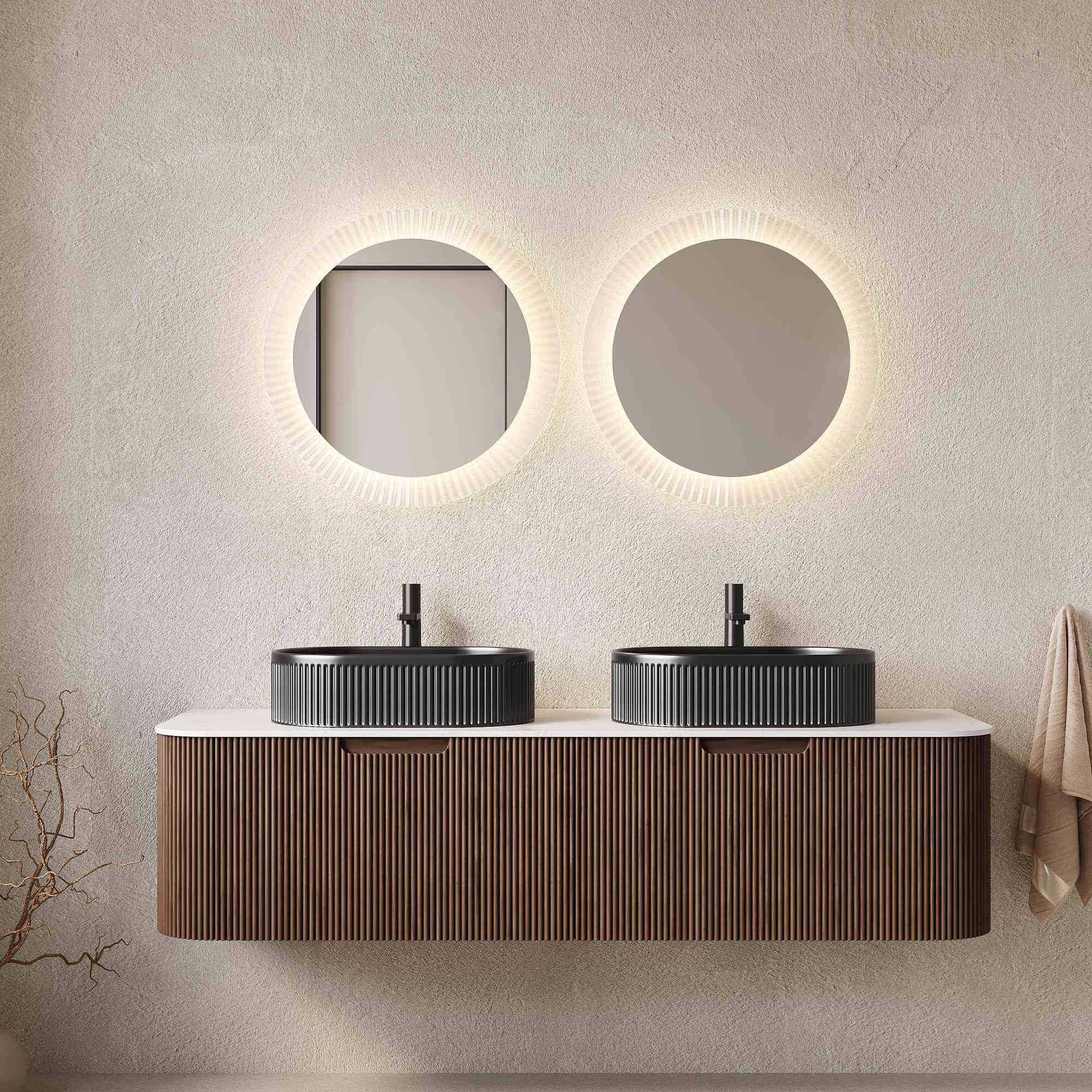 Wrought Studio™ 60" Bathroom Vanity with Sinks, Modern Wall-Mounted Curved Edges Striped ...